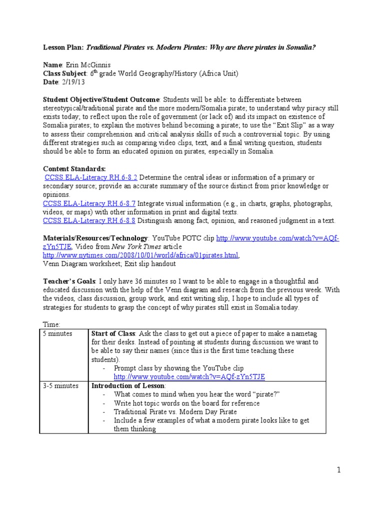 6th Grade: Pirates Then & Now | PDF | Piracy | Lesson Plan