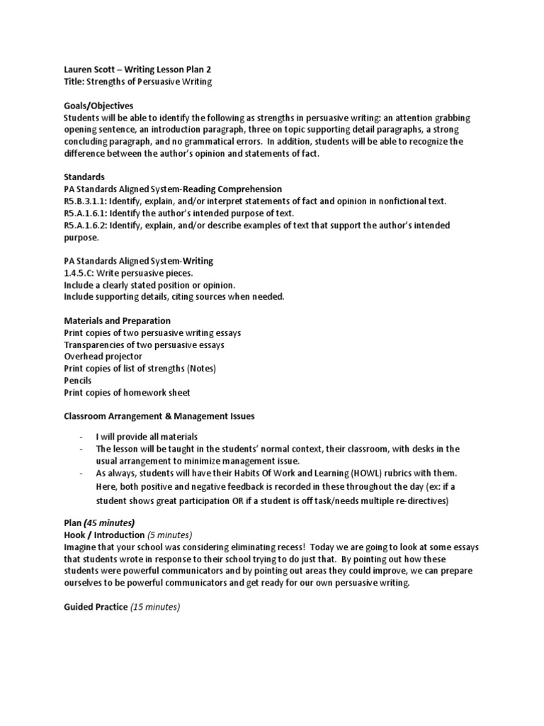 Lauren Scott - Writing Lesson Plan 2 Title: Strengths of Persuasive ...