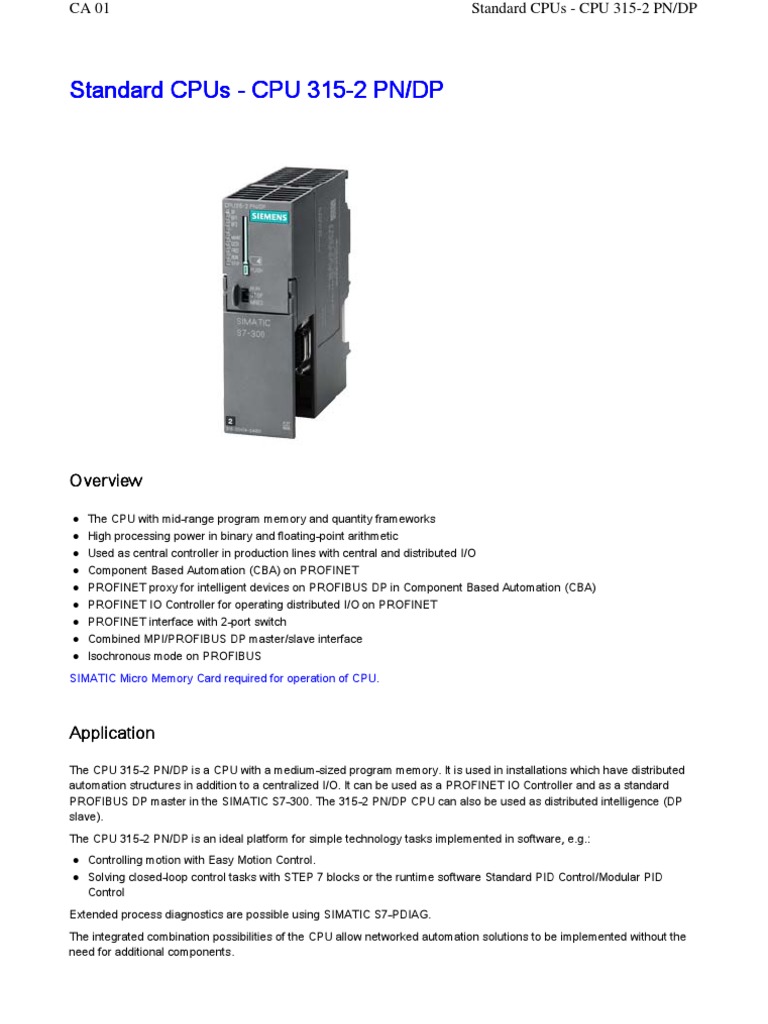 Standard Cpus Standard Cpus Standard Cpus Standard Cpus - Cpu 315 Cpu 315 Cpu 315 Cpu 315 - 2 PN ...