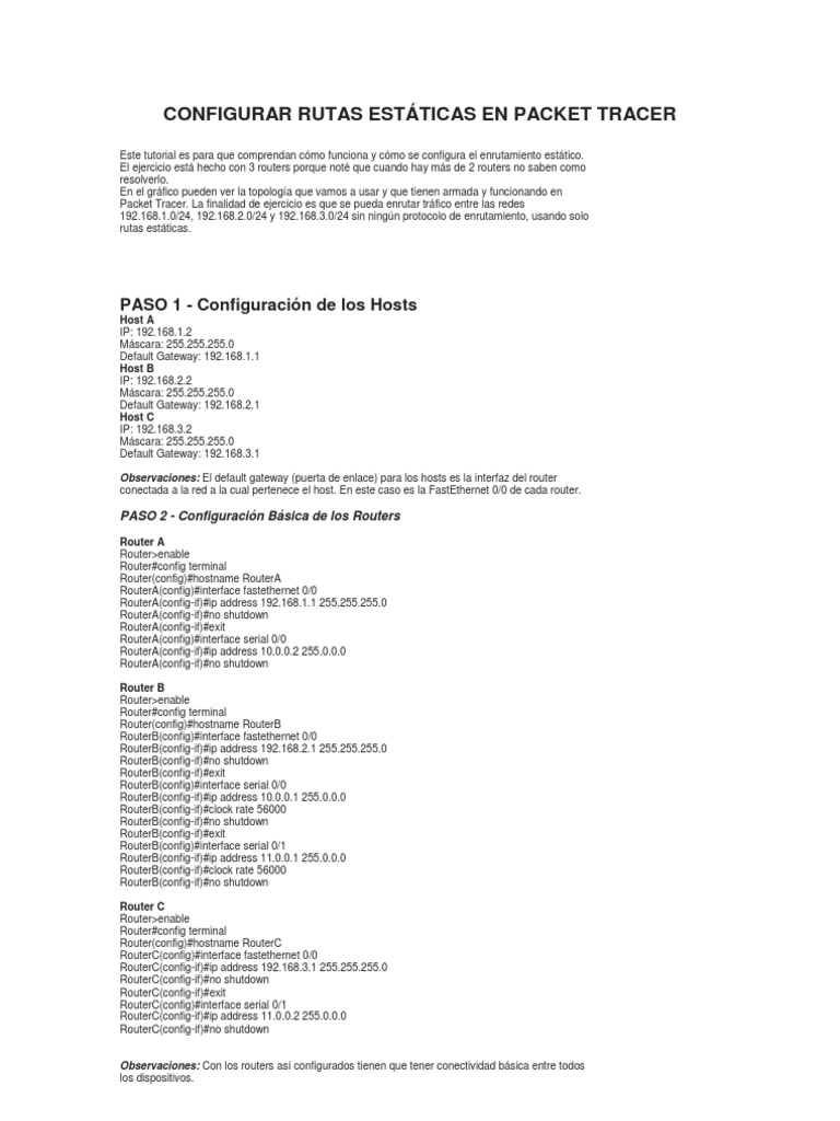 Configurar Rutas Estáticas en Packet Tracer | PDF
