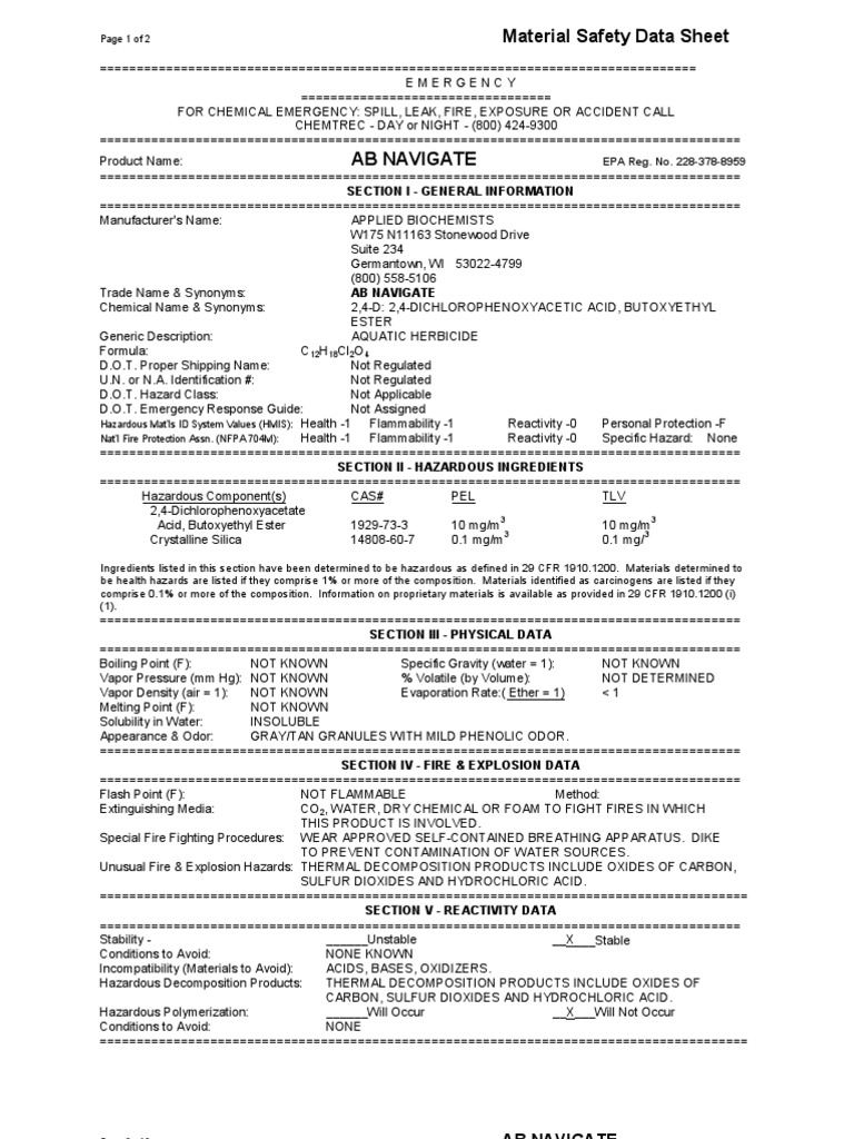 Ab Navigate Aquatic Herbicide Msds | PDF | Personal Protective ...