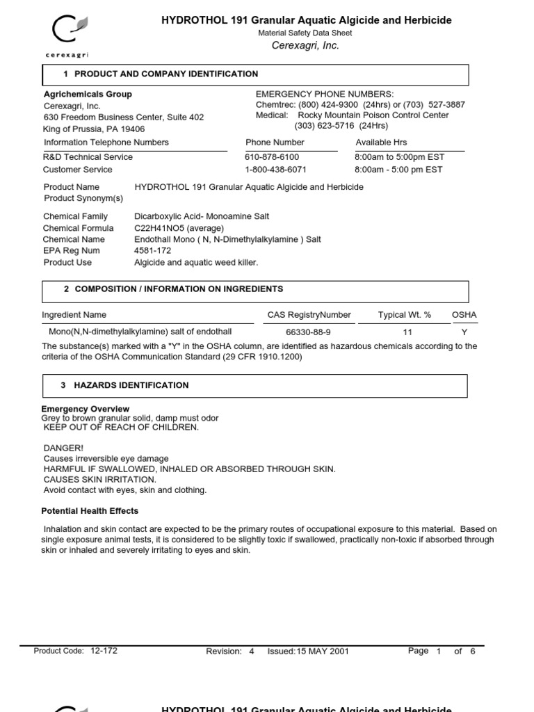 Hydrothol 191 Granular Herbicide Msds | PDF | Toxicity | Ventilation ...