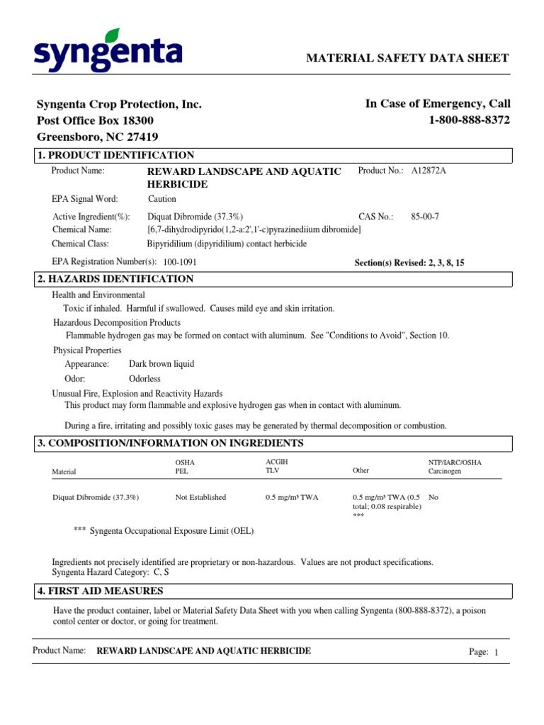 Reward Landscape & Aquatic Herbicide SDS | PDF | Toxicity | Dangerous Goods