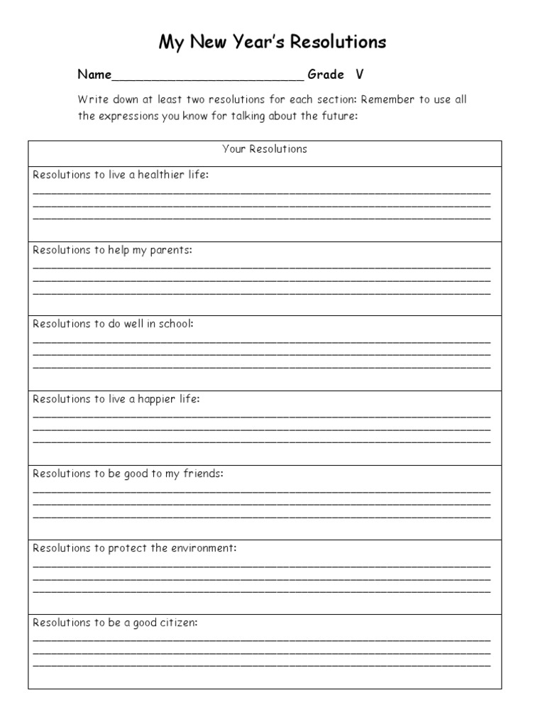 My New Year's Resolutions: Name - Grade V | PDF