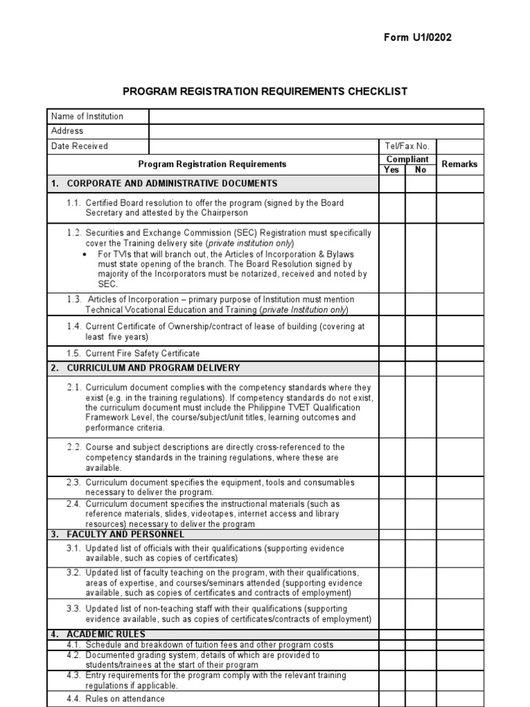 Program Registration Requirements Checklist | Academic Certificate ...