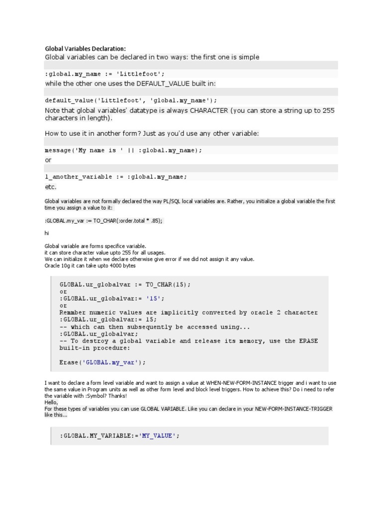 Global Variables Declaration Pl Sql Variable Computer Science