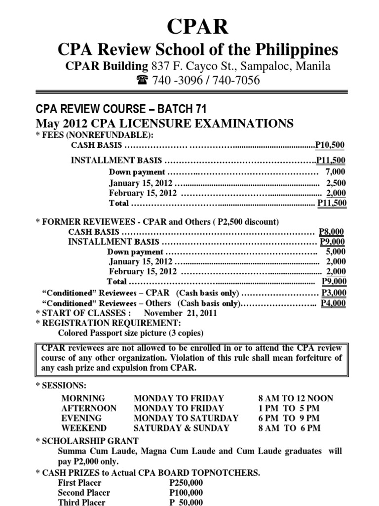CPAR CPA Review Course Details 2025 | PDF