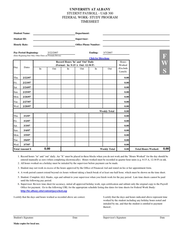 UAlbany Federal Work-Study Timesheet | PDF