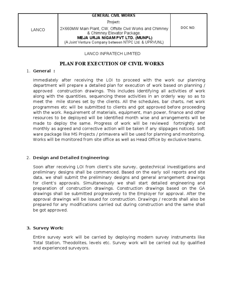 Civil Works Execution Plan | PDF | Surveying | Concrete