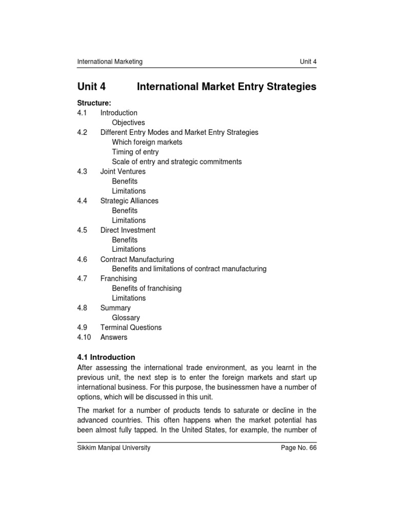 Unit 4 International Market Entry Strategies: Structure | PDF ...