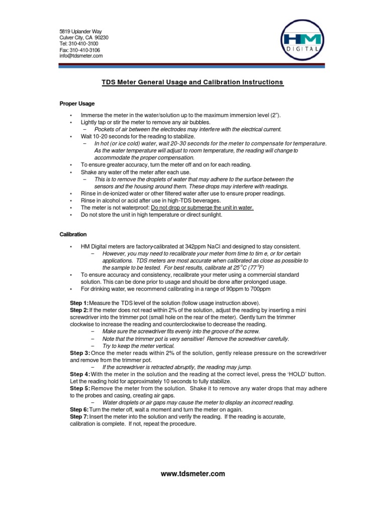 TDS Meter Calibration Instructions | PDF