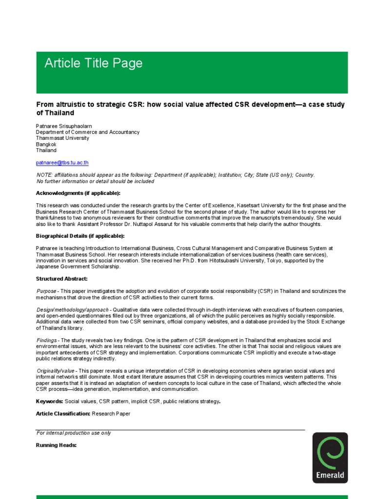 Article Title Page: From Altruistic To Strategic CSR: How Social Value ...