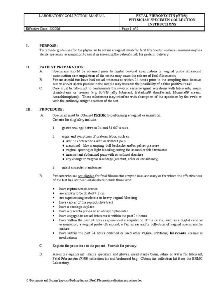 Fetal Fibronectin Collection Instructions | PDF | Vagina | Preterm Birth