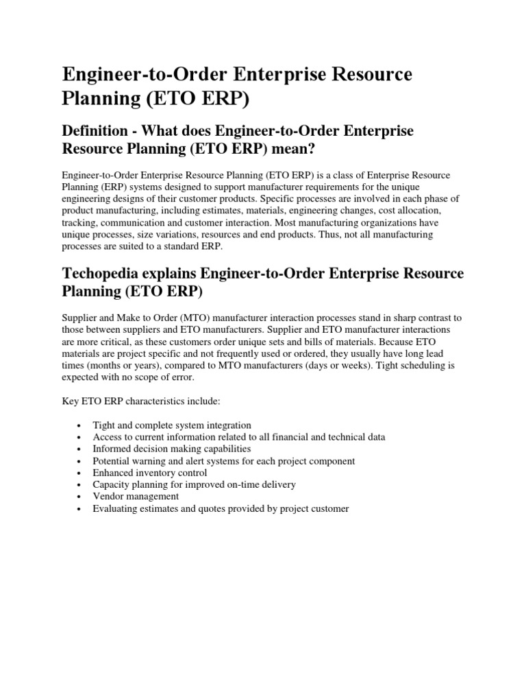 Engineer-to-Order Enterprise Resource Planning (ETO ERP) | PDF