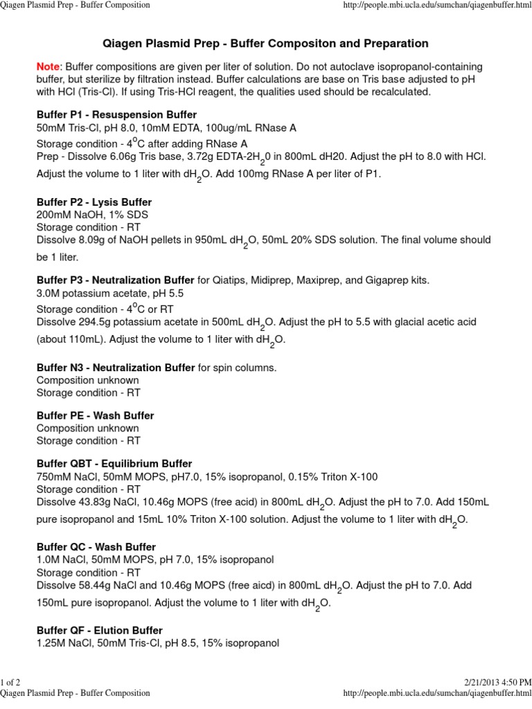 Qiagen Plasmid Prep Buffer Recipes | PDF | Buffer Solution | Ph