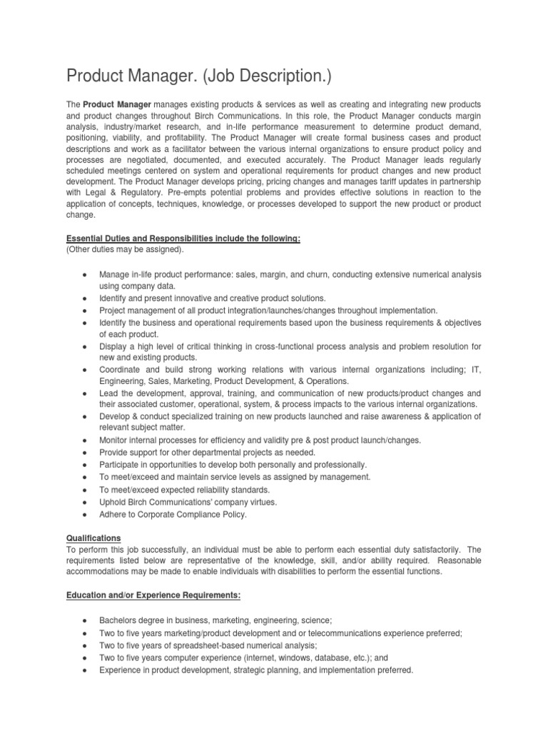 Product Manager. (Job Description.) : Essential Duties and ...
