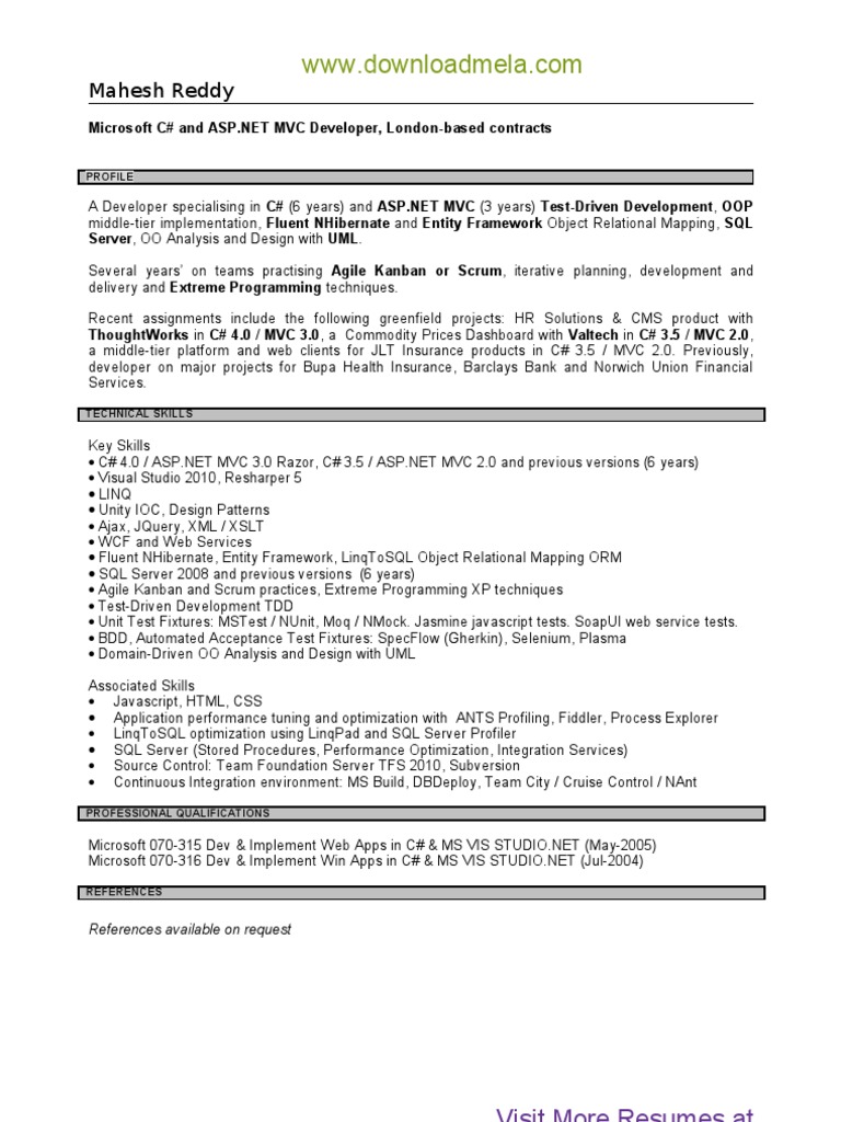 Sample Resume | PDF | Microsoft Visual Studio | Model–View–Controller