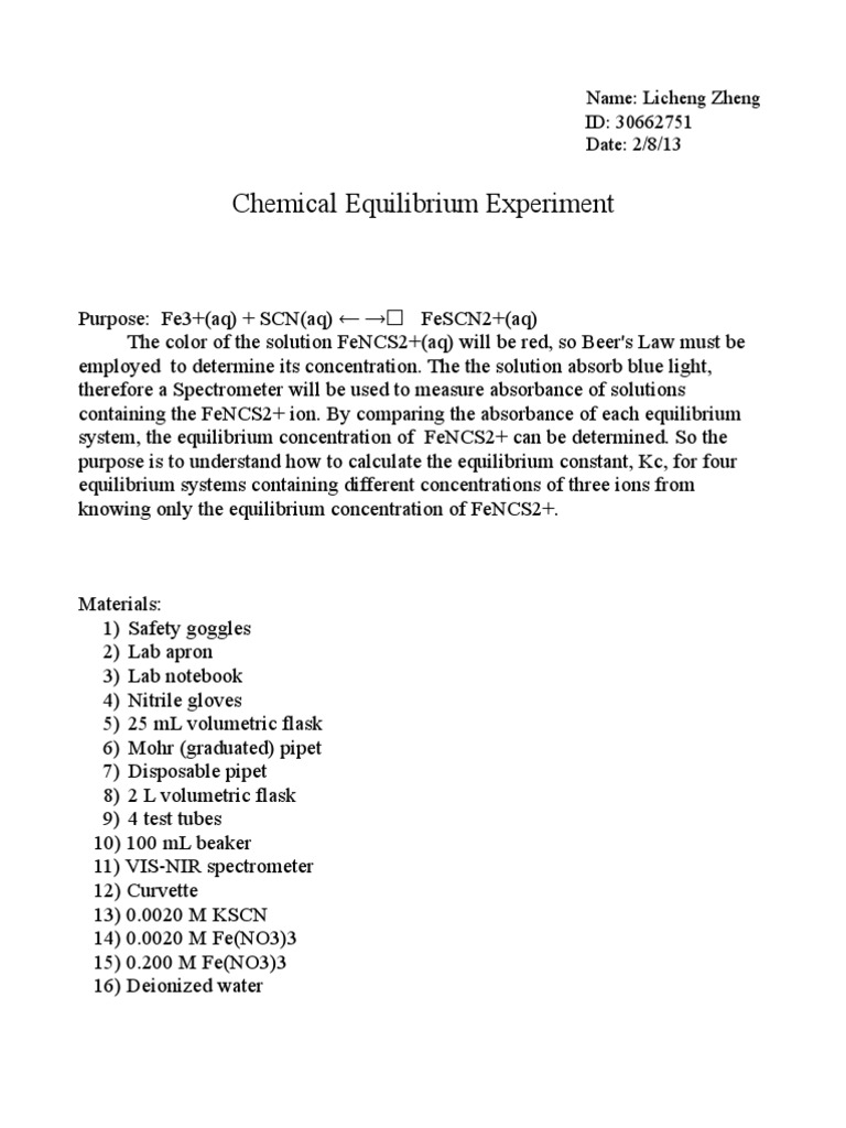 Chemical Equilibrium Experiment Analysis | PDF | Absorbance | Chemical ...