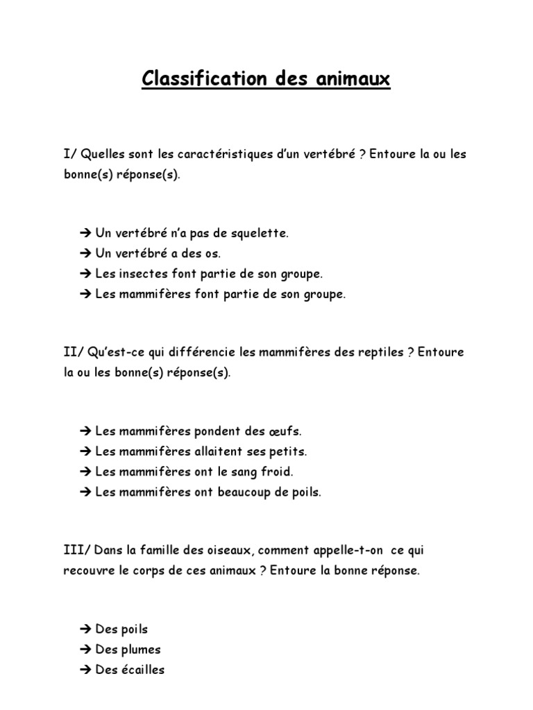 Évaluation sur la classification des animaux | PDF | Mammifères | Reptile