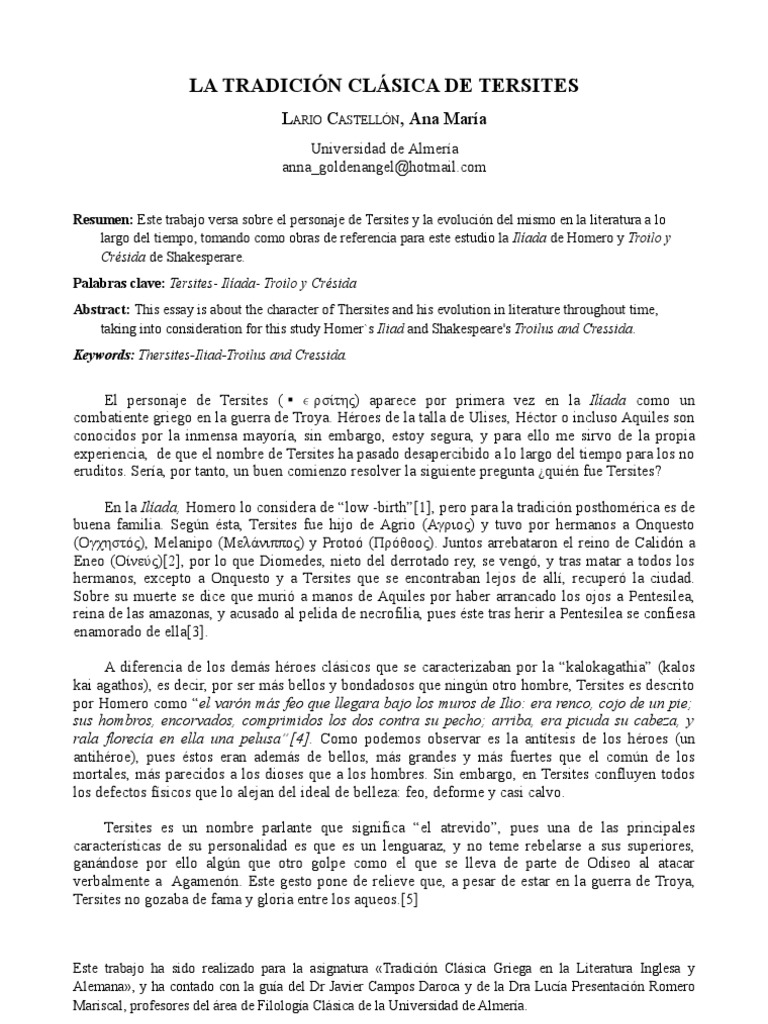 Trabajo de La Tradición Clásica de Tersites 2 (A) | PDF | William ...