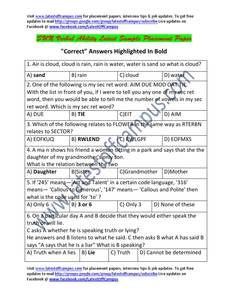SUN Sample Verbal Ability Placement Paper | PDF