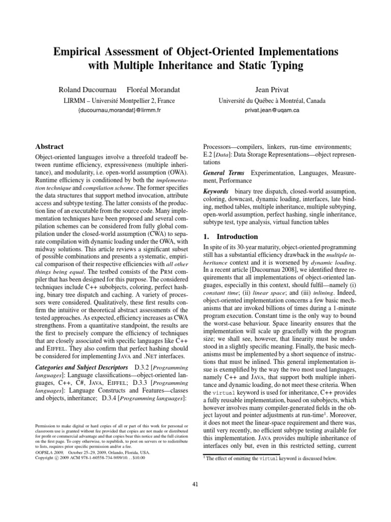 Empirical Assessment of OO Implementations With Multiple Inheritance and Static Typing | PDF ...