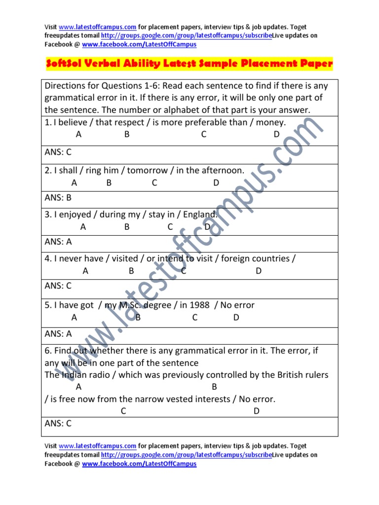 SoftSol Sample Verbal Ability Placement Paper | PDF | Water Vapor | Marriage