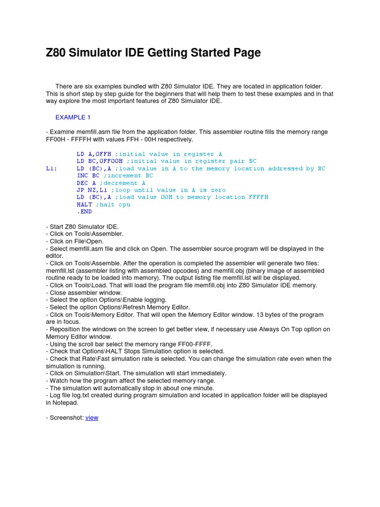 Z80 Simulator IDE Getting Started Page | PDF | Assembly Language | Binary Coded Decimal