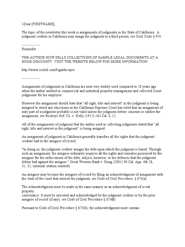 Assignments Of Judgments In California Assignment Law Judgment Law