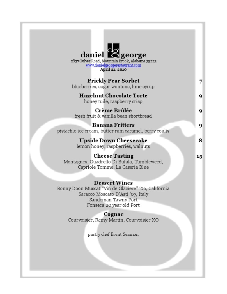 Daniel George Restaurant Dessert Menu | PDF | Cooking, Food & Wine