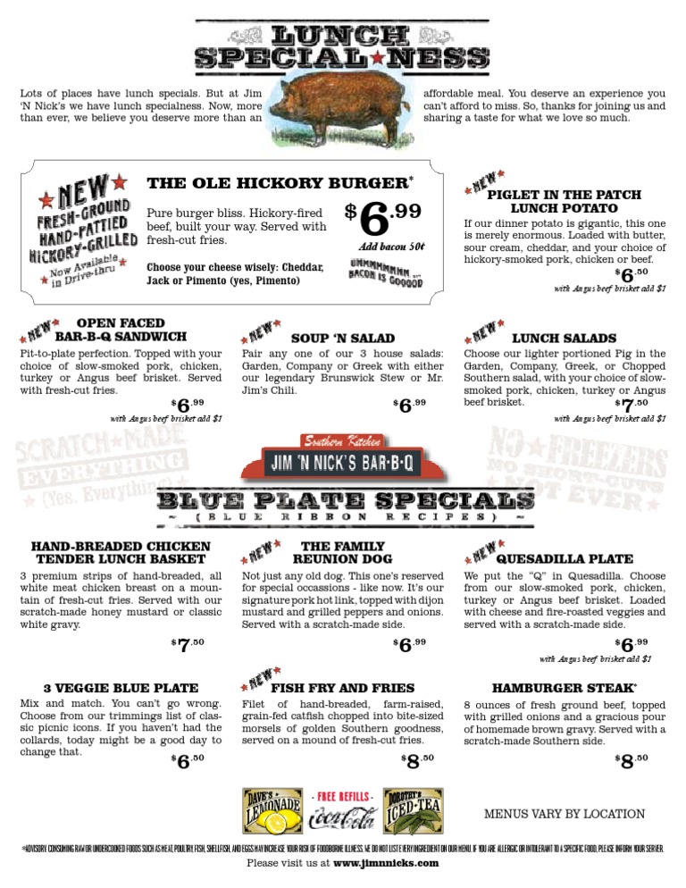 Jim N Nicks Lunch Menu | Download Free PDF | Lunch | Hamburgers