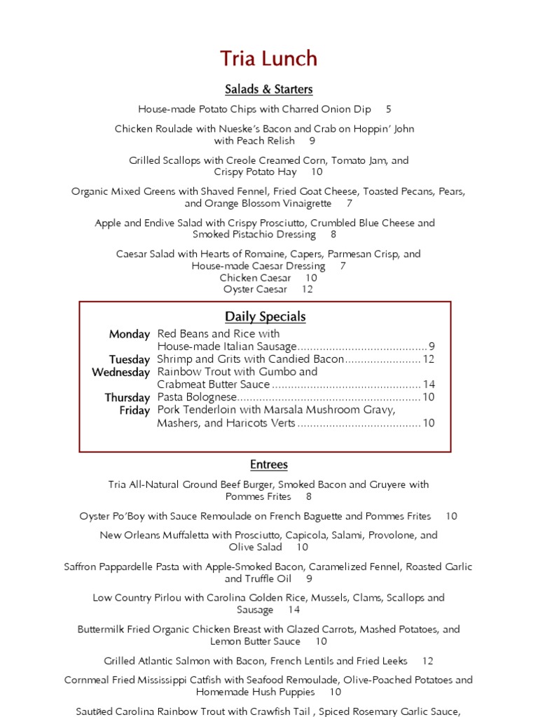 Tria Market Lunch Menu | PDF | French Fries | Salad