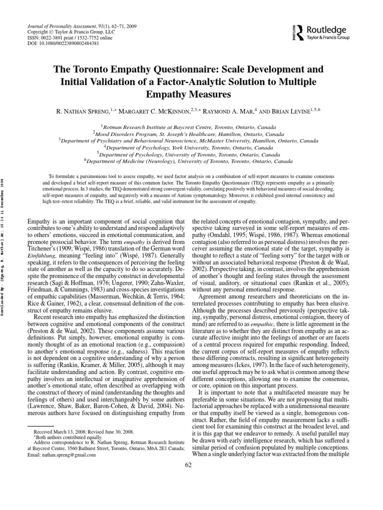The Toronto Empathy Questionnaire | PDF | Empathy | Factor Analysis