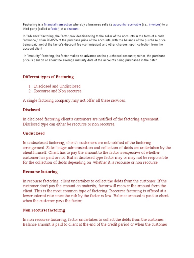 Different Types of Factoring: Financial Transaction Accounts Receivable Invoices Factor Discount ...
