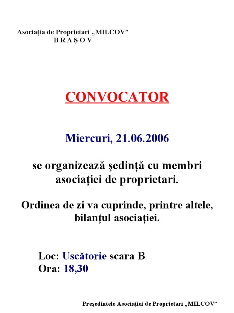 Convocator Sedinta Ordinara Asociatie