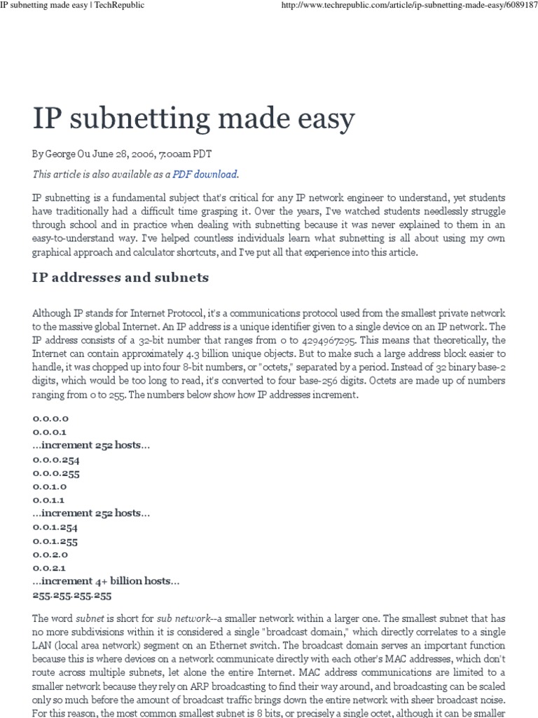 IP Subnetting Made Easy - TechRepublic | PDF | Ip Address | Computer Network