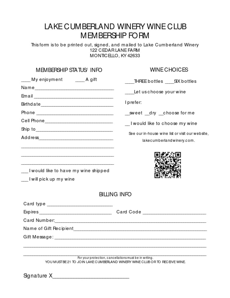 Lake Cumberland Winery Wine Club Membership Form | PDF