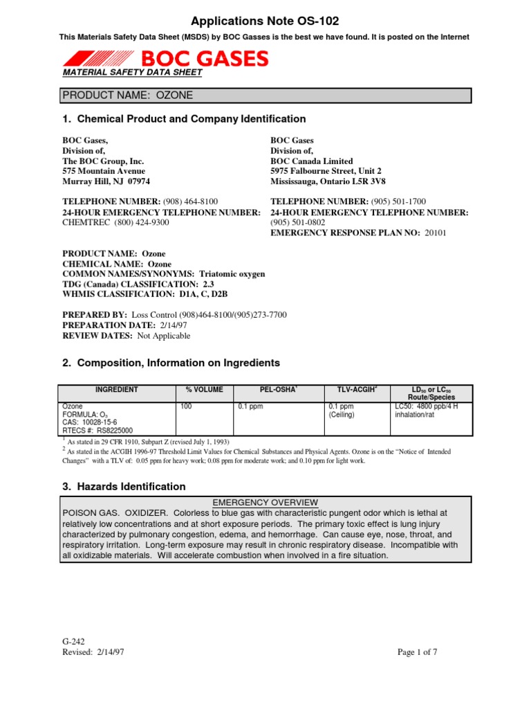 Os 102 Boc Ozone Msds | Ozone | Dangerous Goods