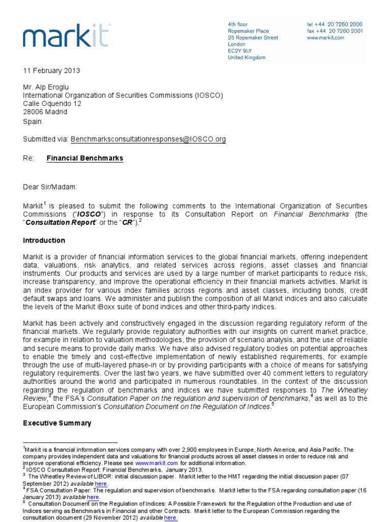 Markit Response IOSCO Financial Benchmarks | PDF | Libor | Governance