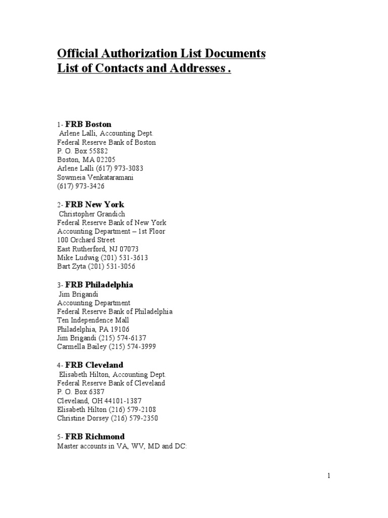 Official Authorization List Documents | PDF | Federal Reserve Banks ...