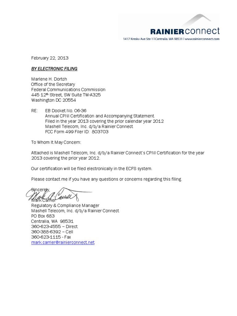 CPNI Certification Filing - EB Docket No 06-36 For Filer ID 803703 2013 ...