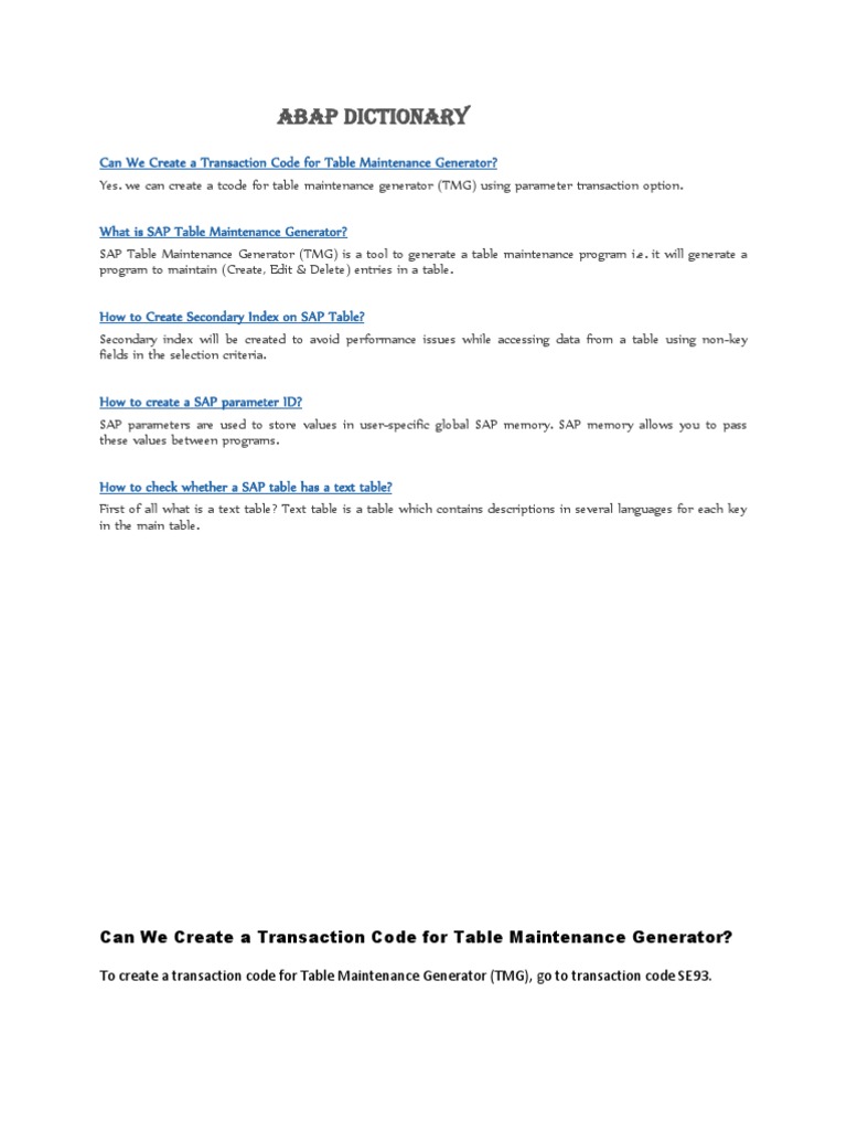 ABAP Dictionary: Can We Create A Transaction Code For Table Maintenance Generator? | PDF ...