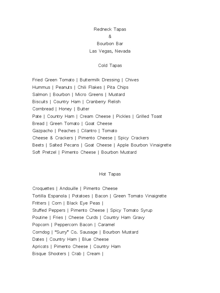 Redneck Tapas Menu Overview | PDF