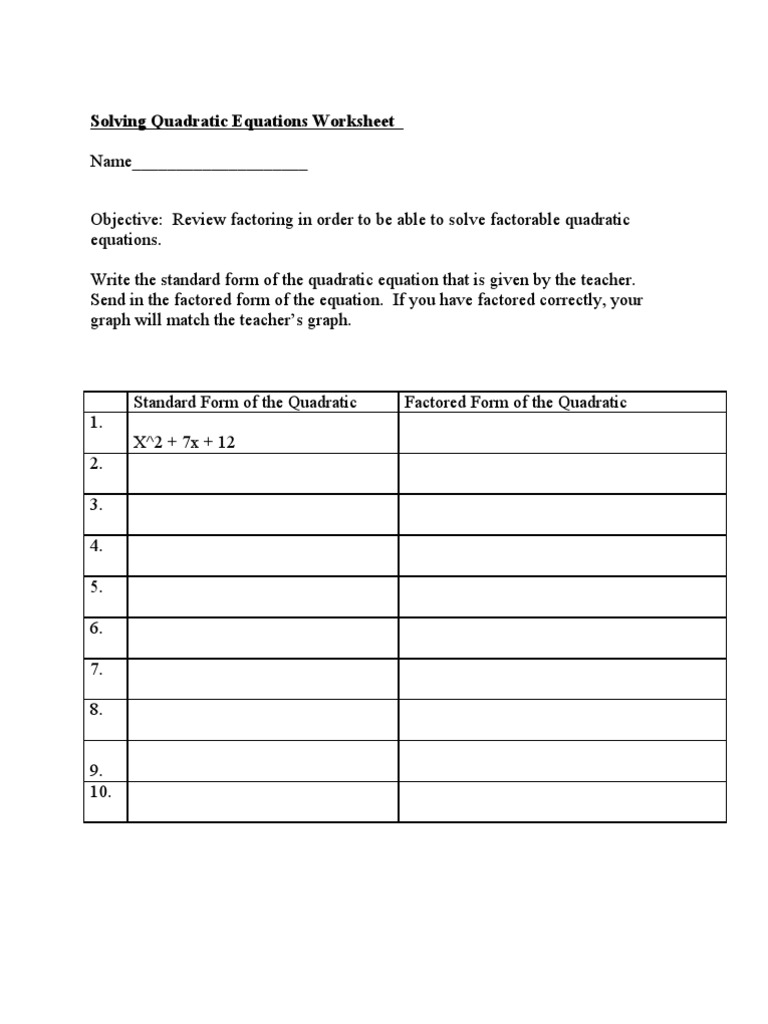 Factoring Quadratic Equations Worksheet | PDF