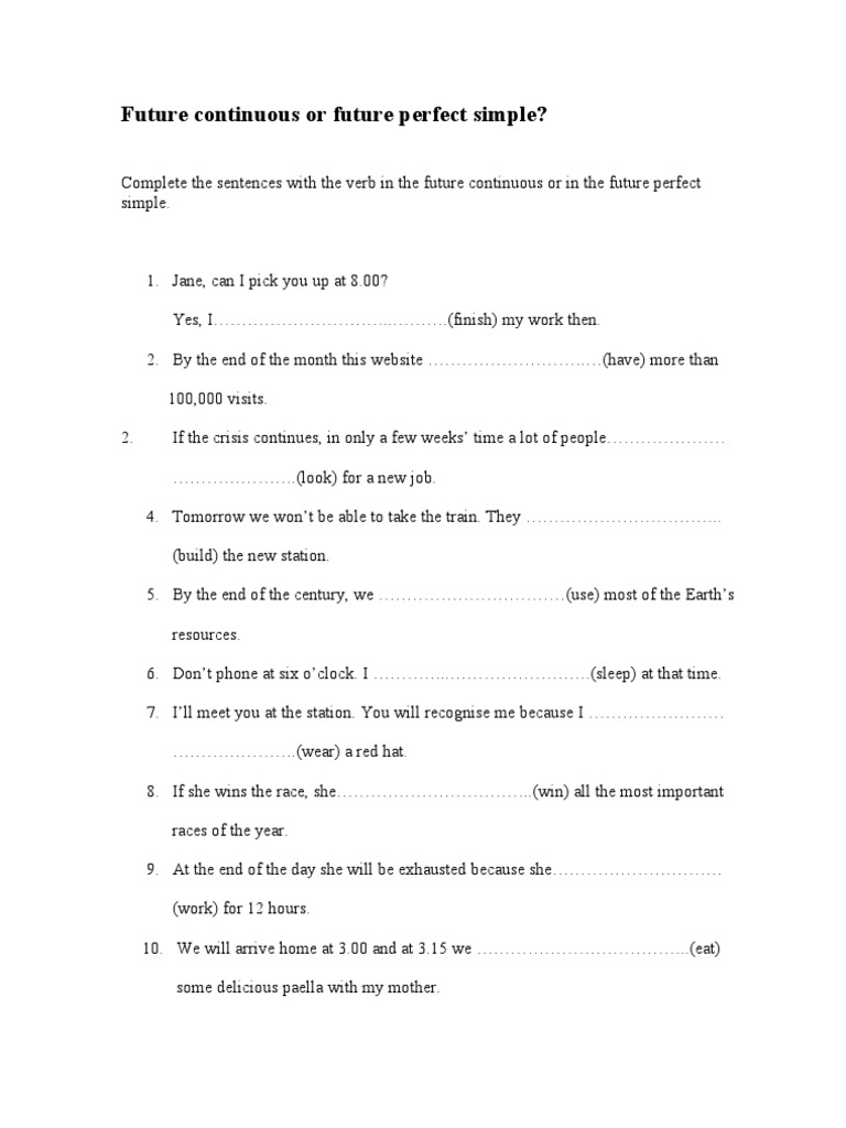 Future Continuous vs. Future Perfect Exercises | PDF | Language Arts ...