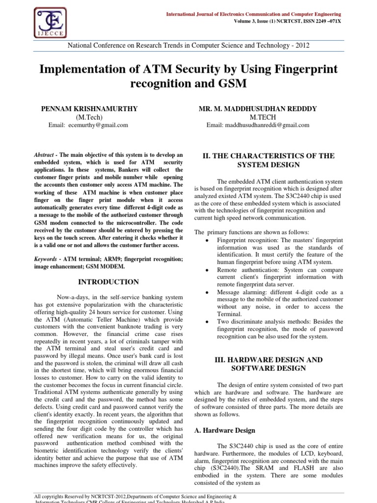 Implementation of ATM Security by Using Fingerprint | PDF | Gsm | Automated Teller Machine