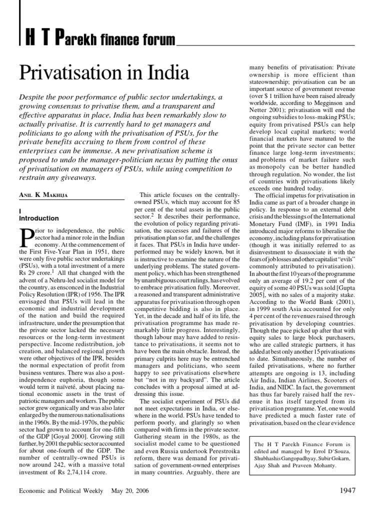 Privatisation in India | Privatization | State Owned Enterprise | Free ...