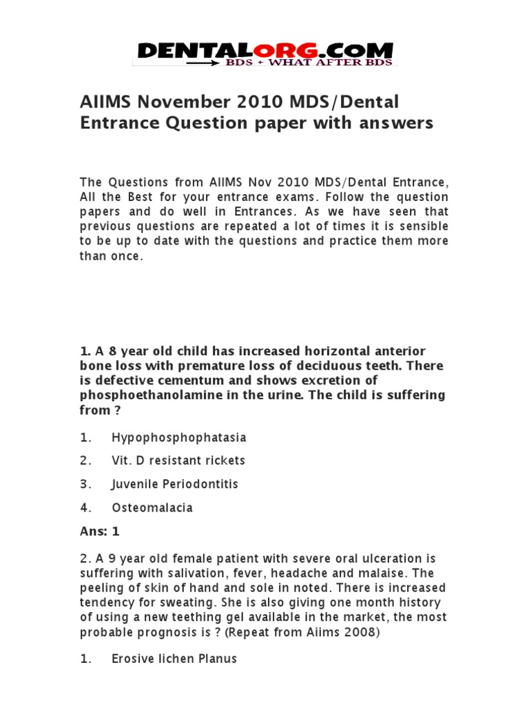 Aiims November 2010 MDS Entrance Paper | PDF | Dentin | Tooth Enamel