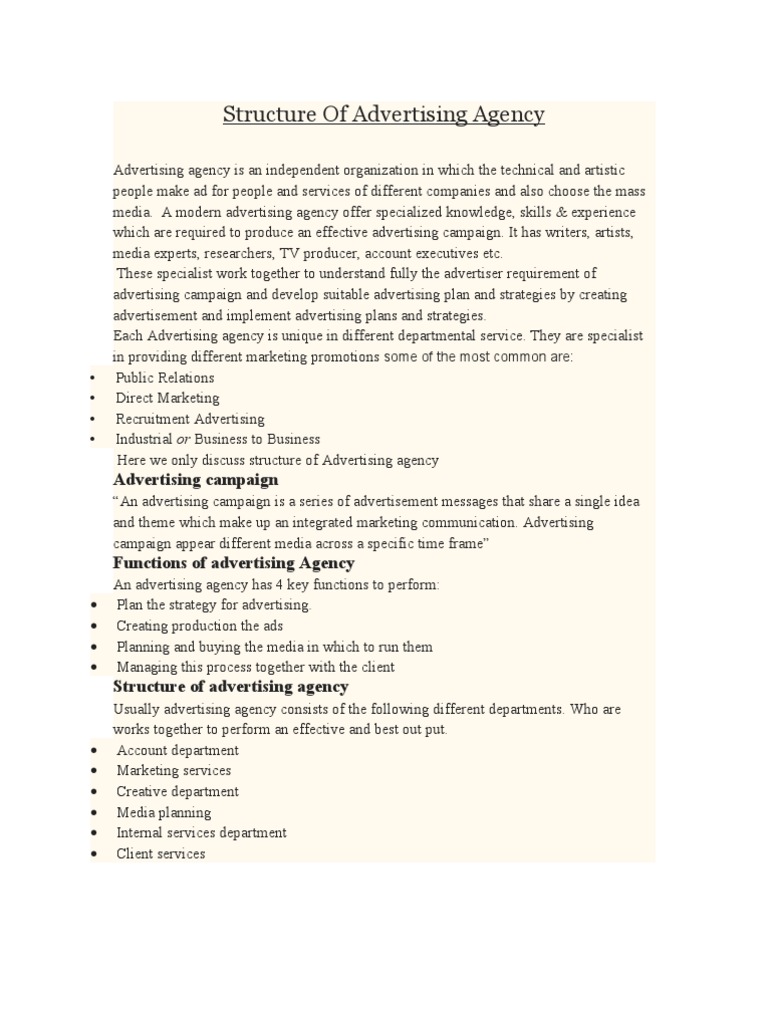 Advertising Agency Organizational Structure | PDF | Advertising | Marketing