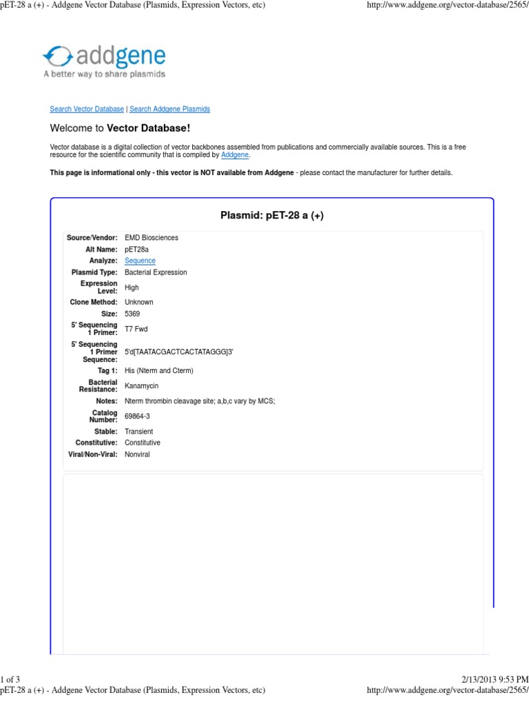 pET-28 A (+) - Addgene Vector Database (Plasmids, Expression Vectors, Etc) | PDF | Plasmid ...
